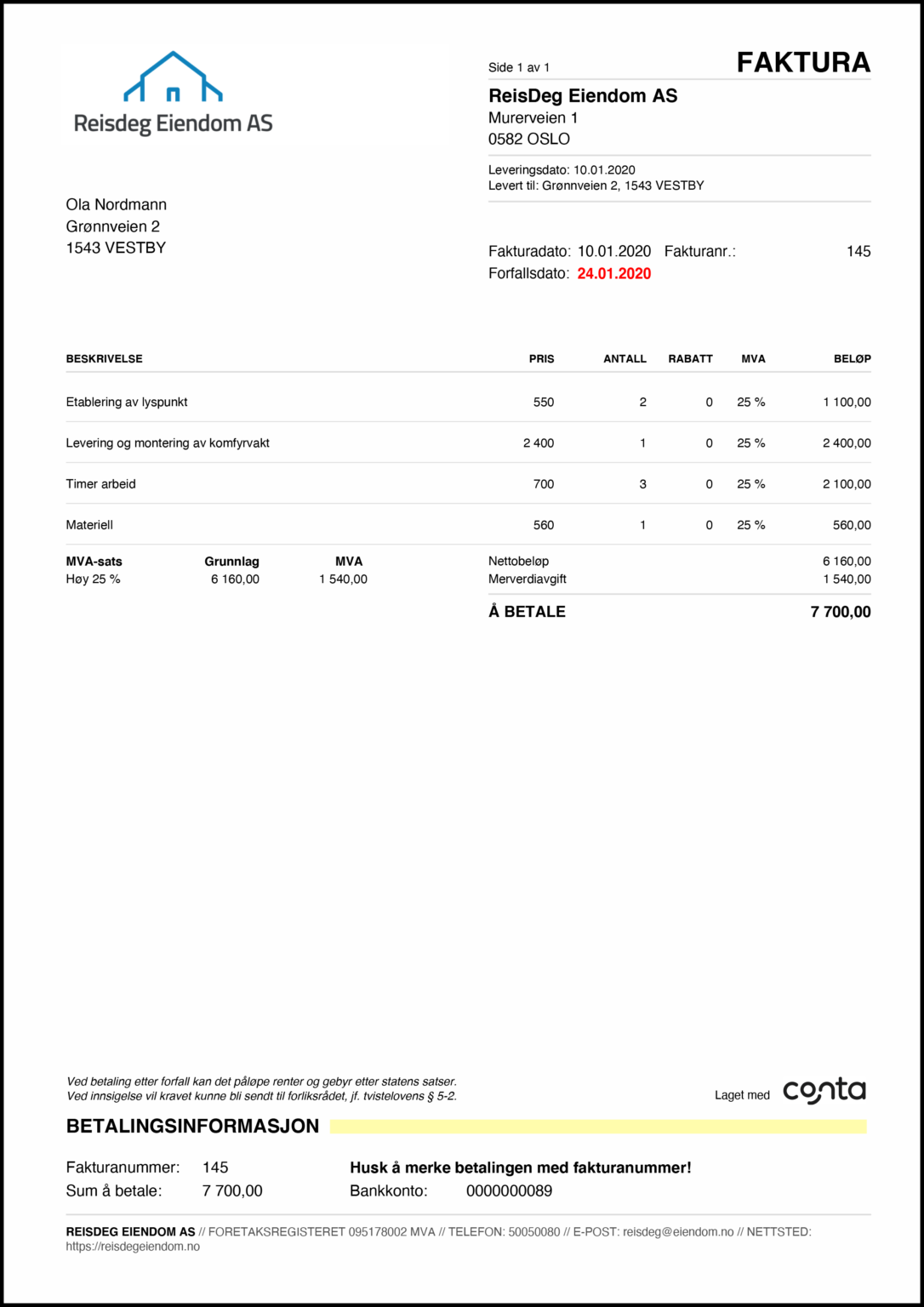 Slik ser en faktura fra Conta ut